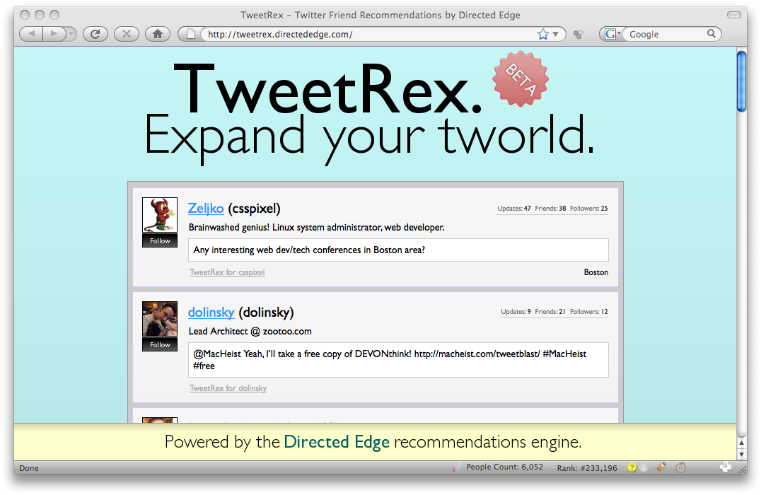 Directed Edge - Blog - Announcing TweetRex: Twitter friend recommender built on the Directed ...